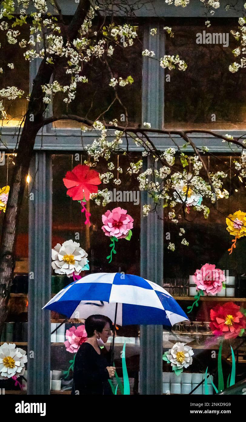 A pedestrian shields themself from rain with an umbrella while walking ...