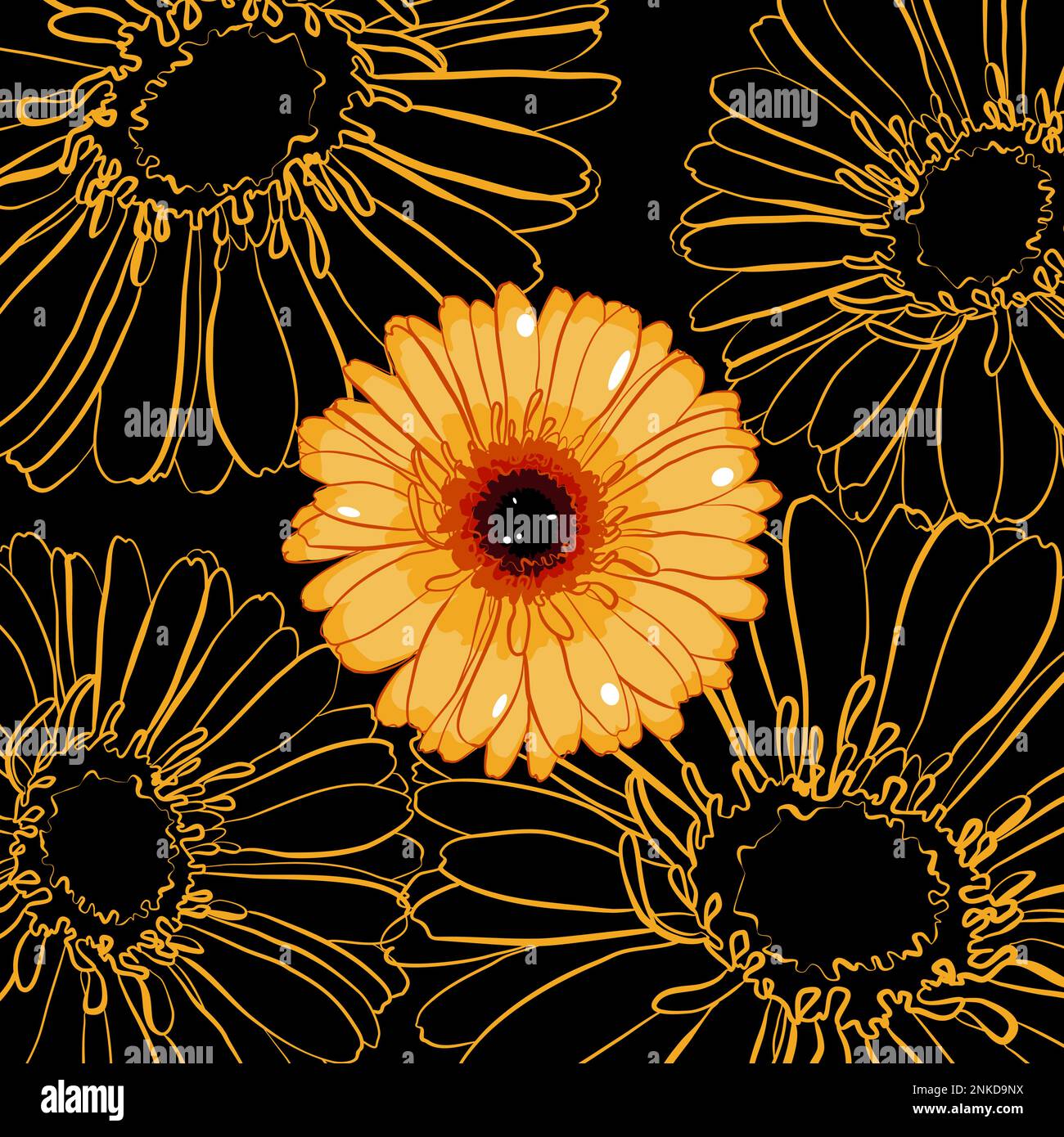 Vector floral illustration with yellow gerbera on a black background in ...