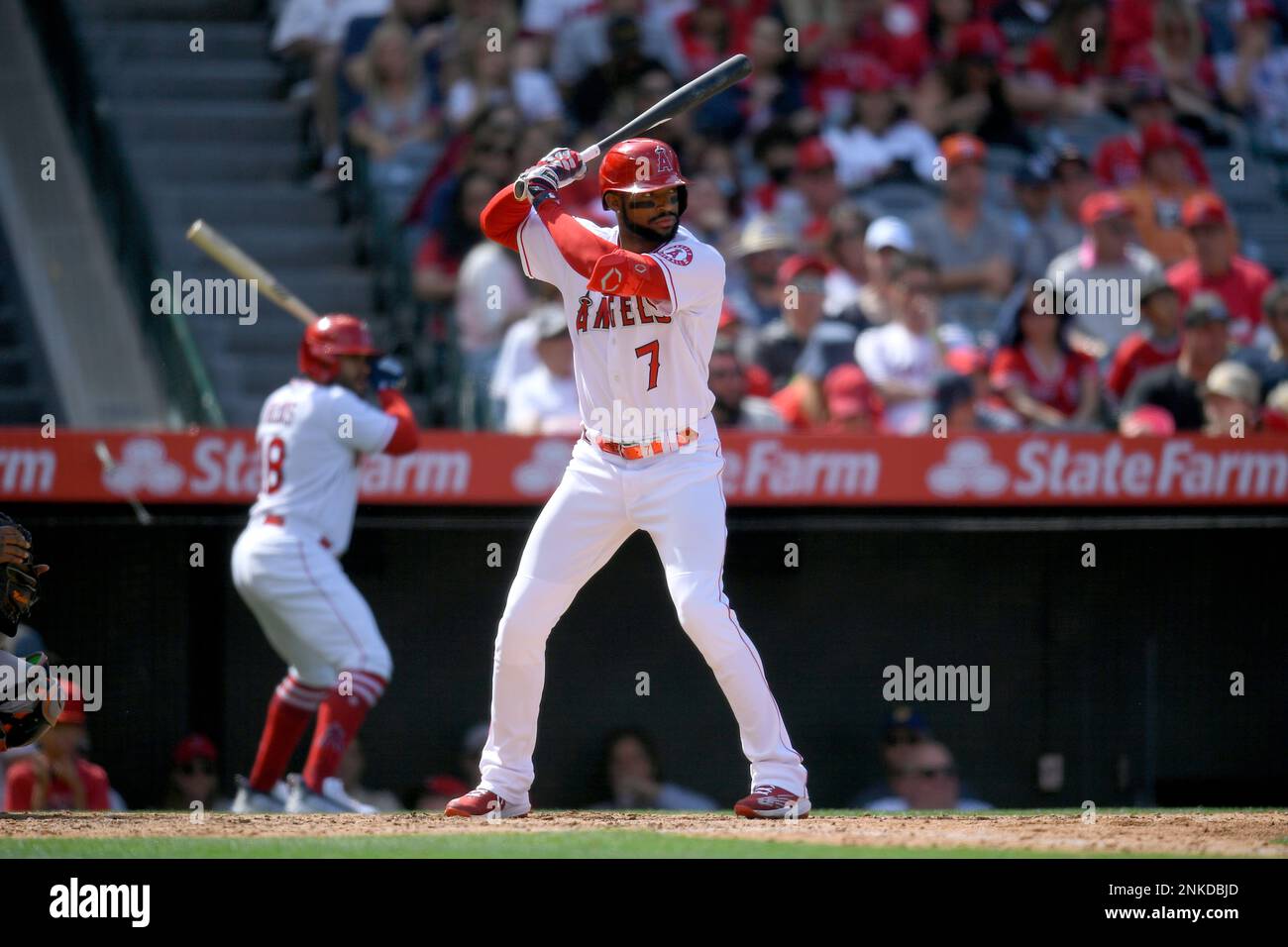 ANAHEIM, CA - APRIL 10: Los Angeles Angels center fielder Jo Adell (7 ...
