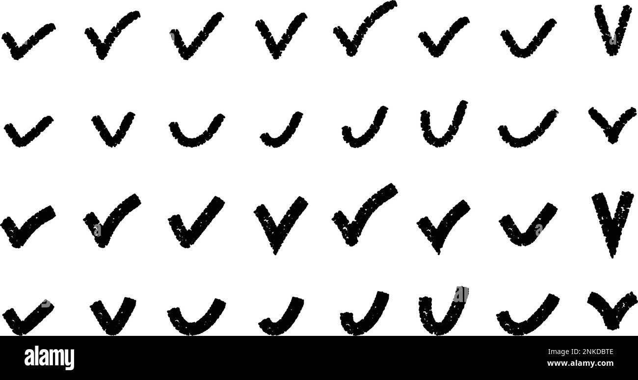Vector icon set of black hand-drawn check marks on isolated white ...