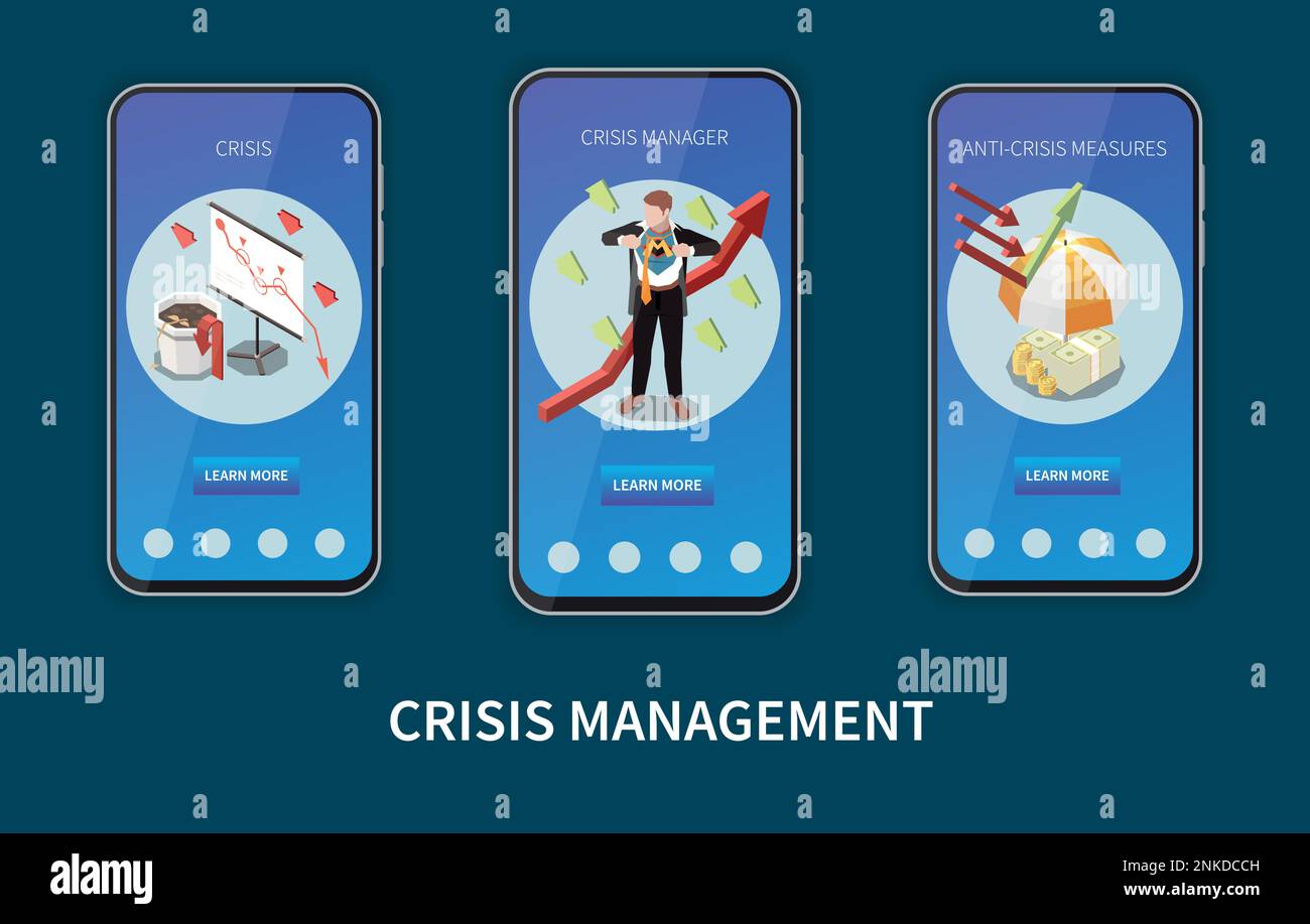 Crisis management isometric set with business and financial mobile app ...