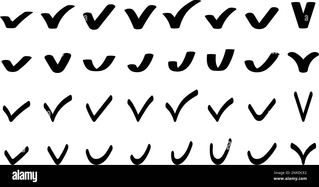 Vector icon set of black hand-drawn check marks on isolated white ...