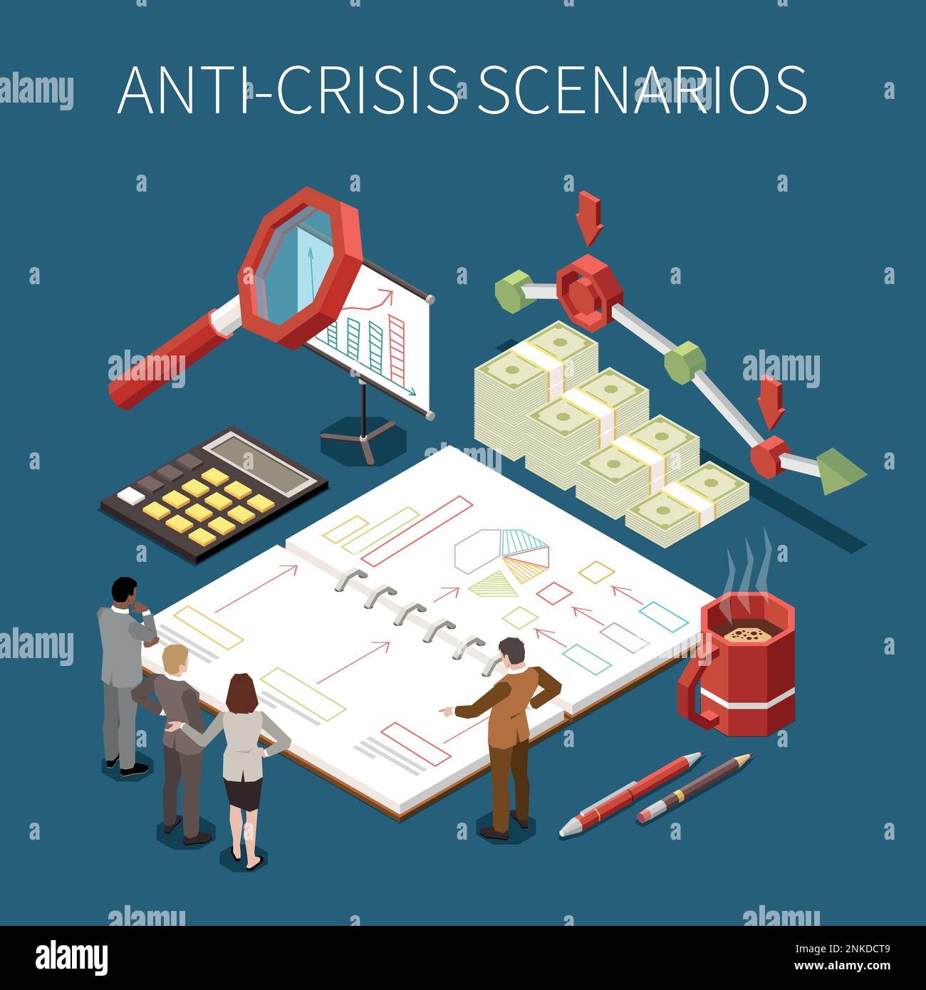 Anti-crisis scenarious isometric concept with company management trying ...
