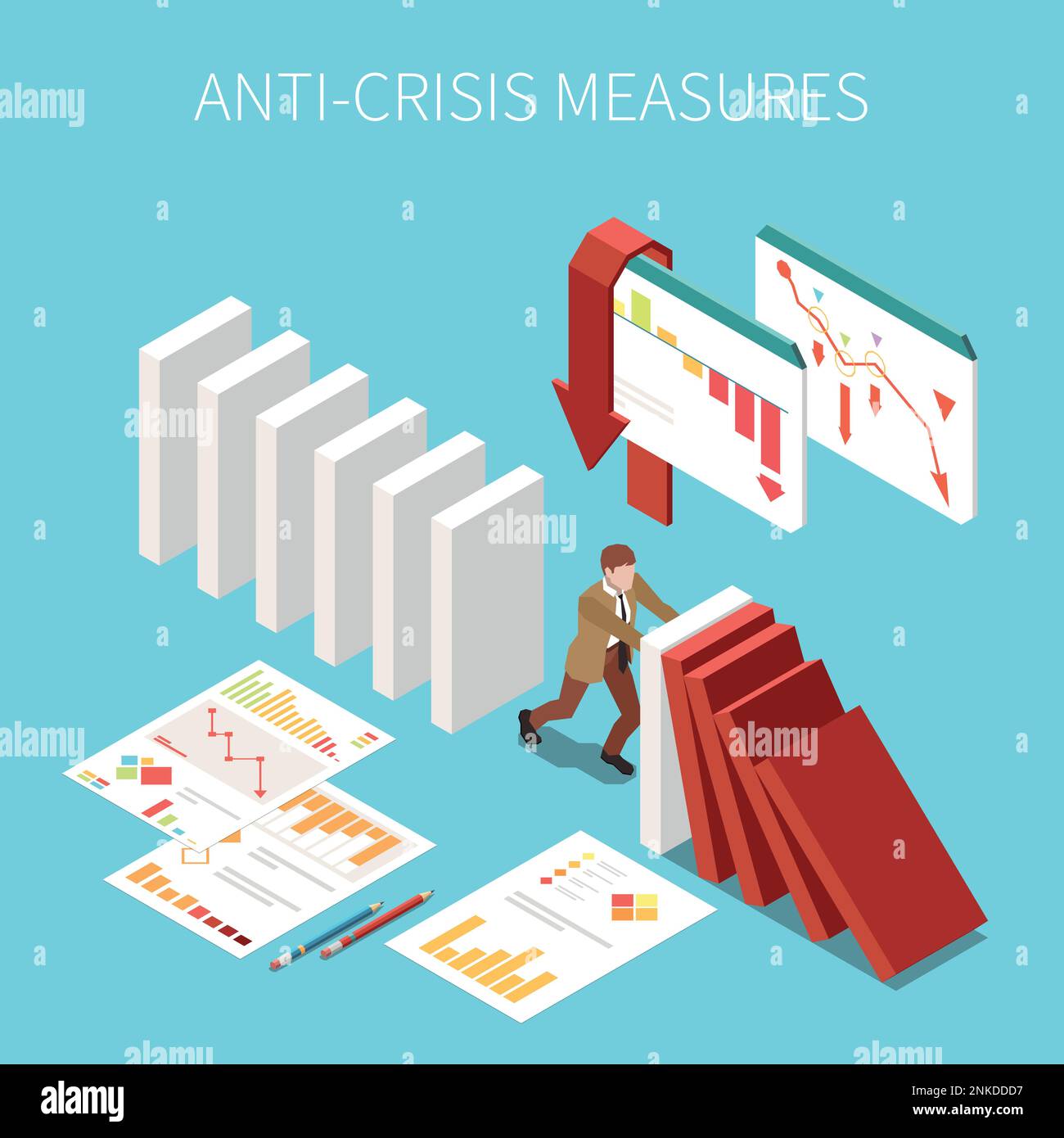 Anti-crisis measures isometric concept with businessman trying to ... Anti-crisis measures isometric concept with businessman trying to ...