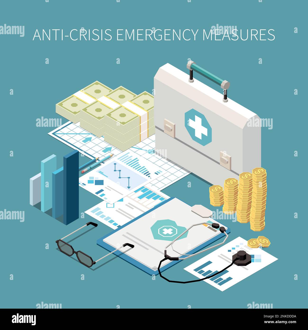 Crisis management isometric concept with financial safe kit for ...