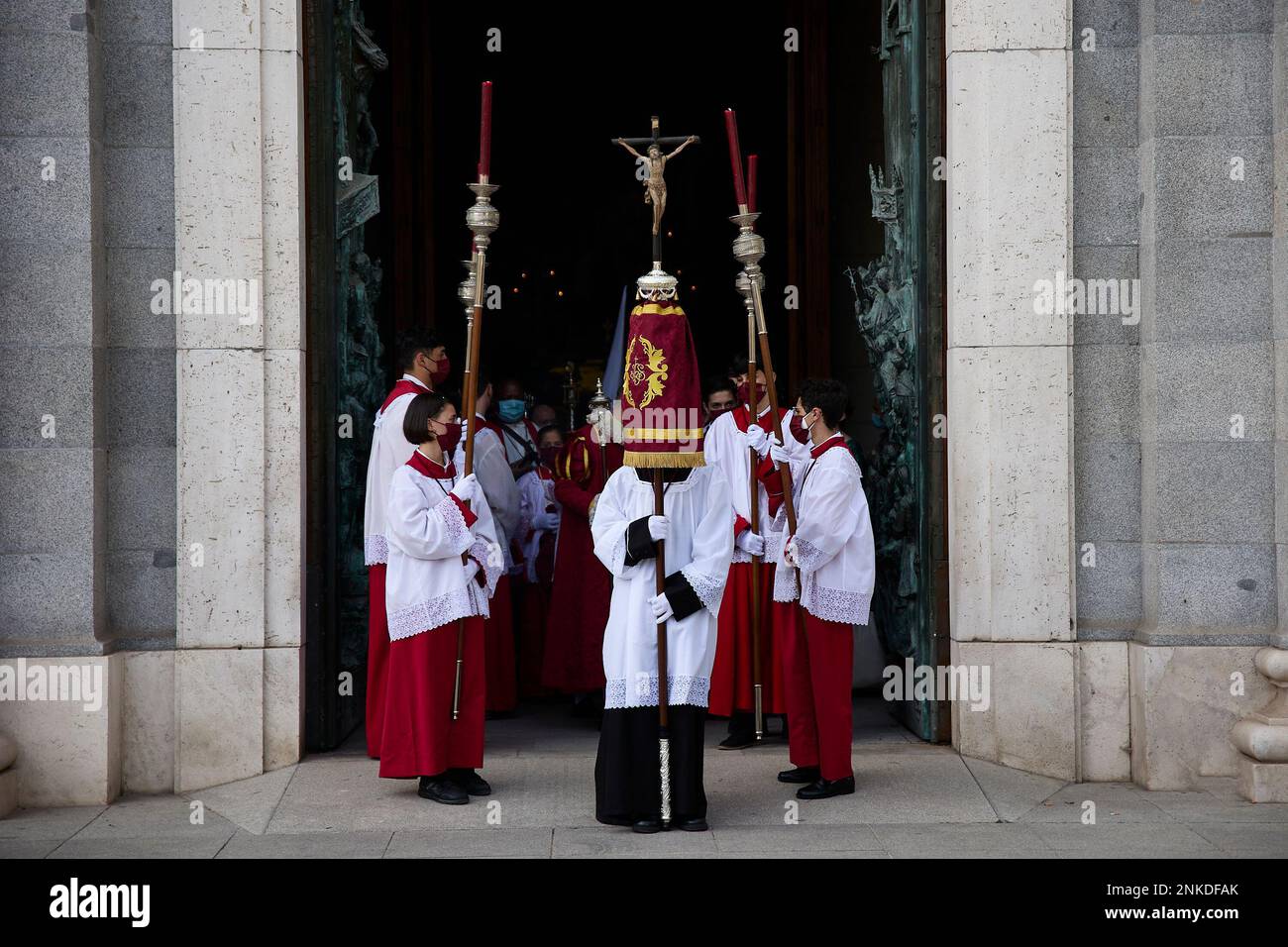 Members of the procession of the Borriquita, leaving the cathedral of ...