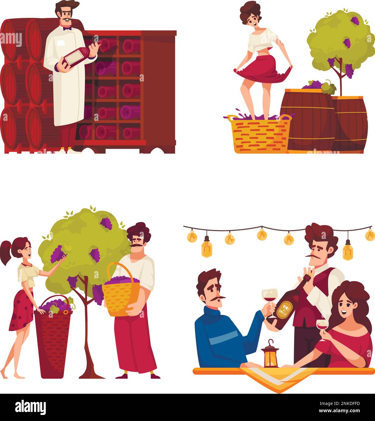 Wine composition cartoon icons set with traditional making and drinking ...