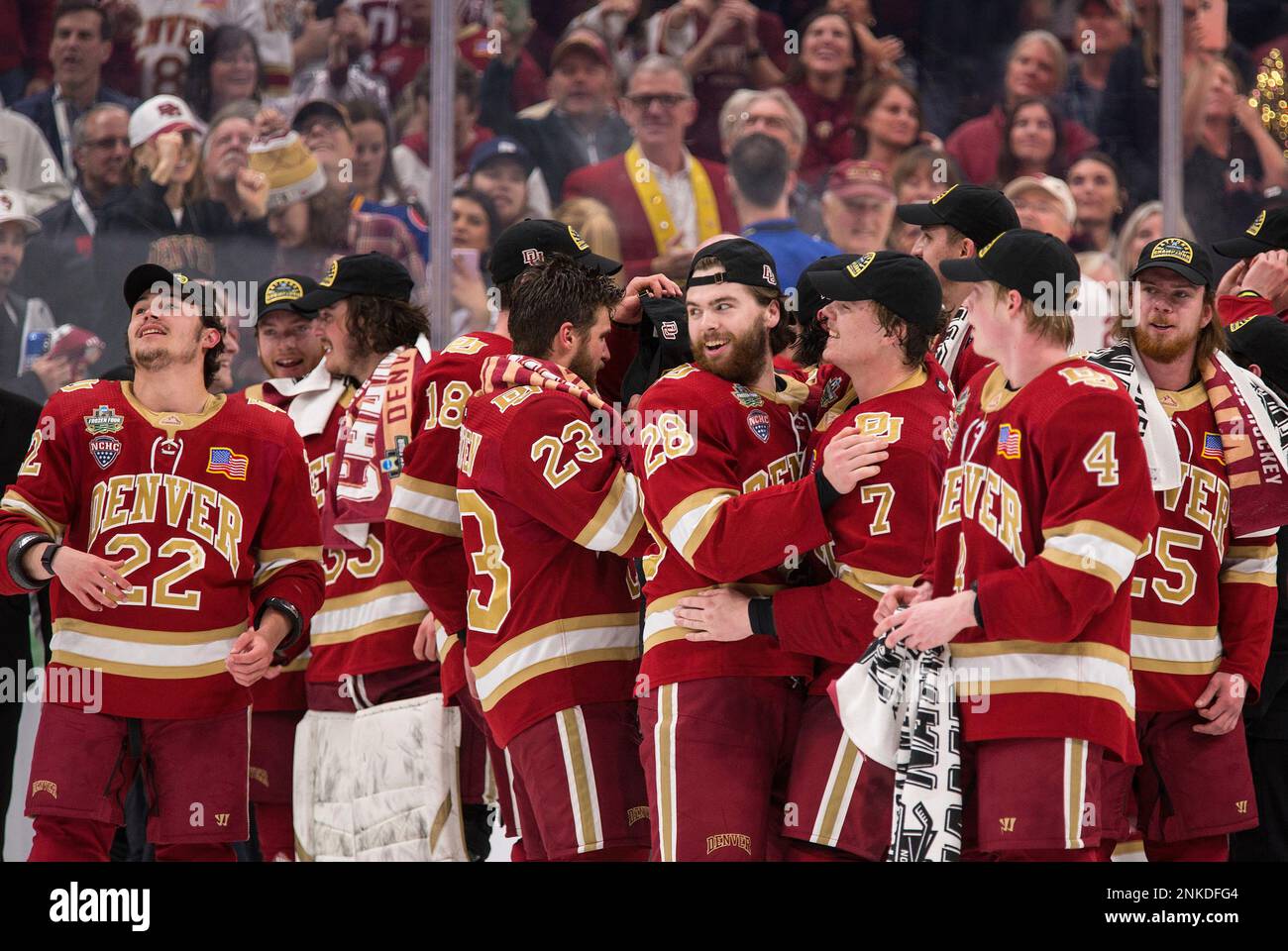 BOSTON, MA - APRIL 09: Denver Pioneers celebrate after defeating the Minnesota State Mavericks ...