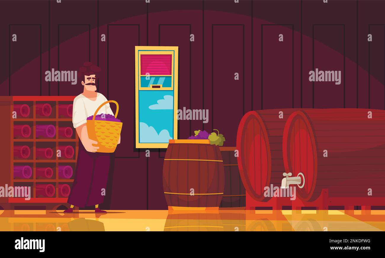 Wine cellar cartoon poster with male worker holding grape harvest ...