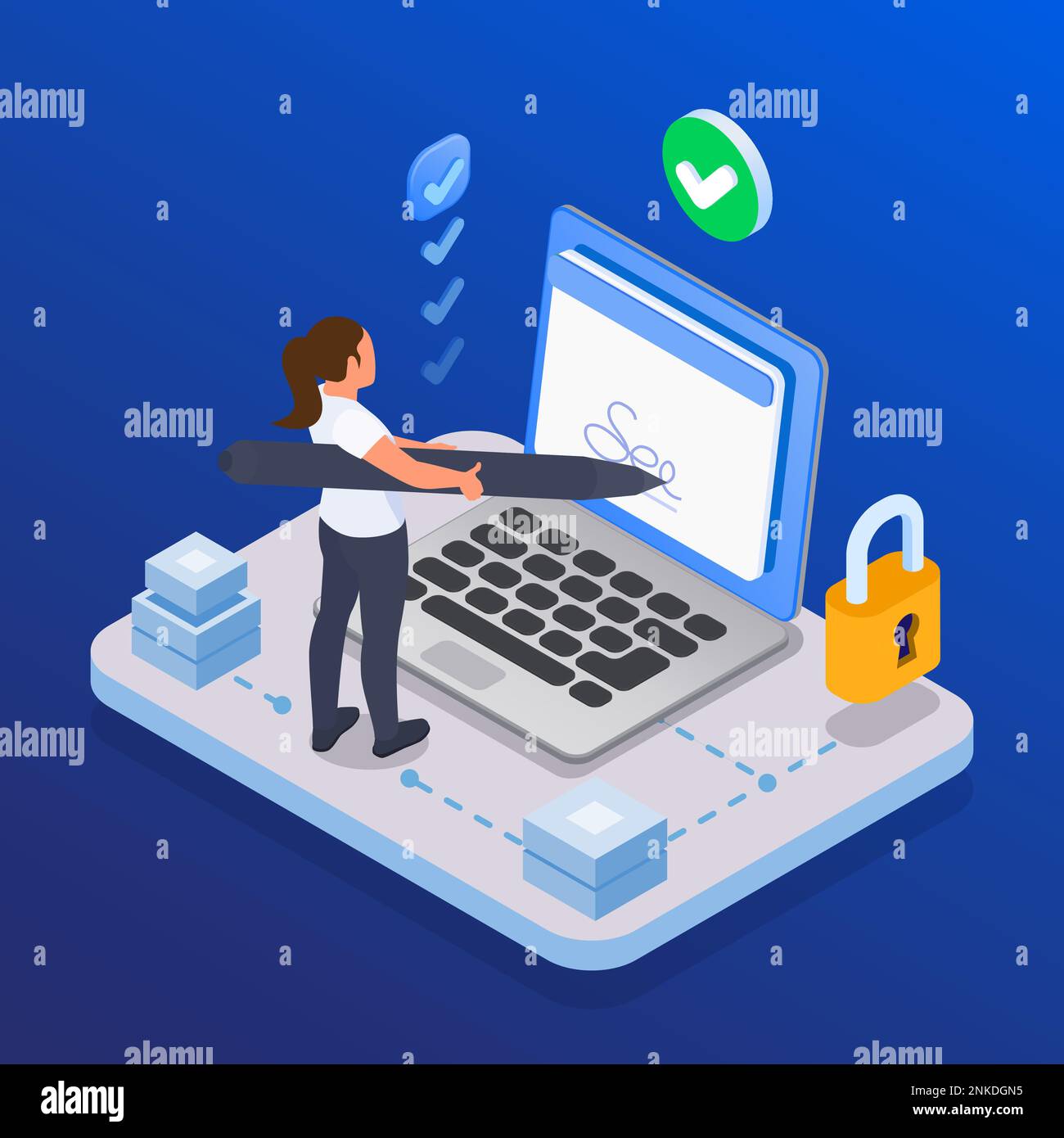 Woman signing electronic contract putting e signature on laptop screen ...