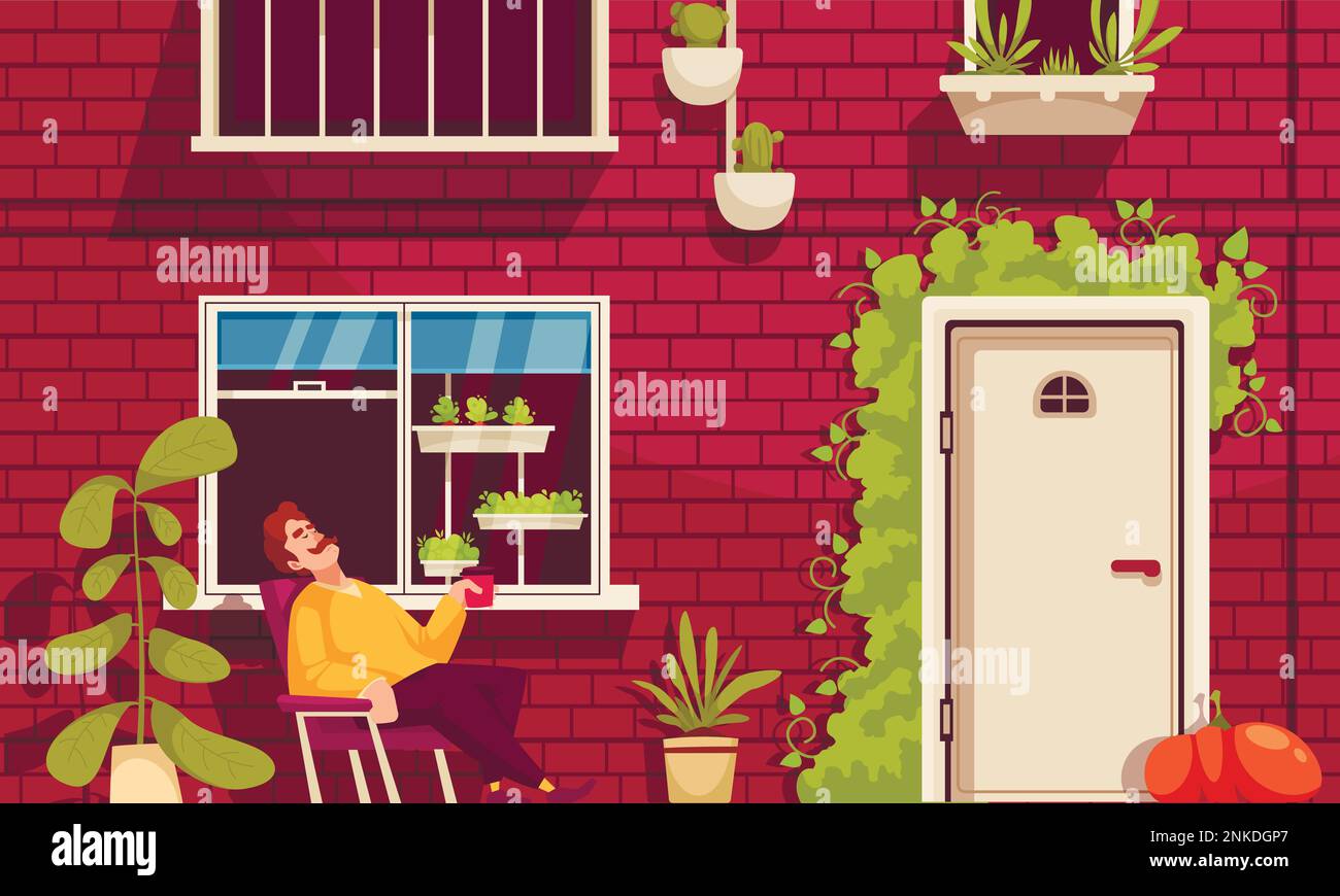 Urban gardening cartoon concept with house front covered with plants ...