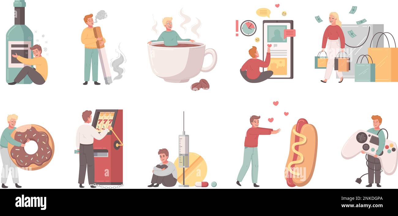 Bad habits cartoon icons set with unhealthy addiction symbols isolated ...