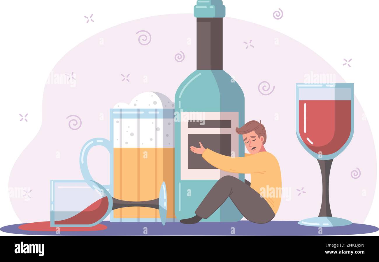 Bad habits cartoon concept with alcohol addict holding bottle vector ...