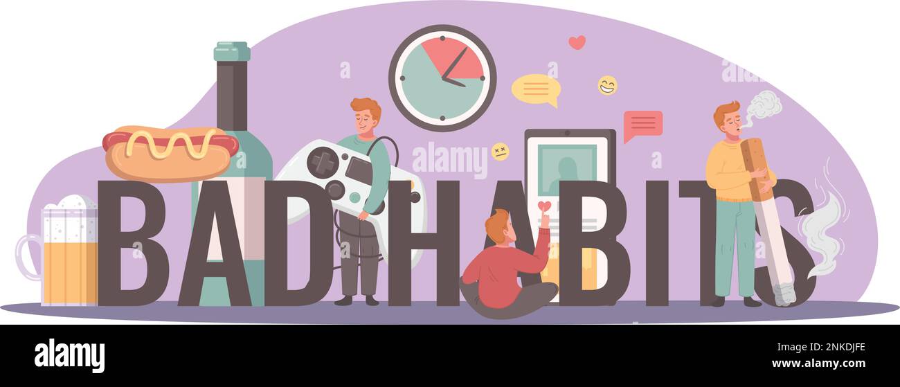 Bad habits cartoon concept with people holding unhealthy addiction ...