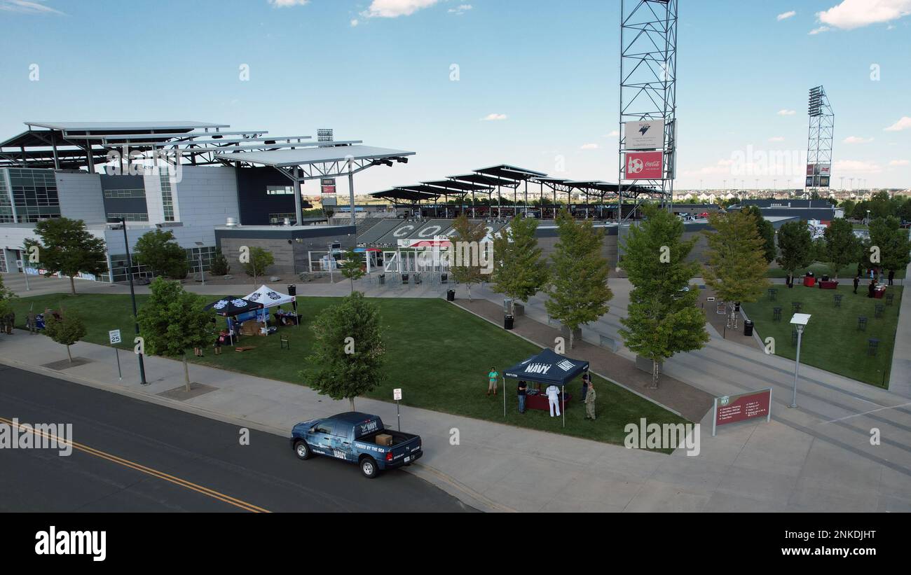 Aerial view of Navy recruiting table and stadium Stock Photo - Alamy