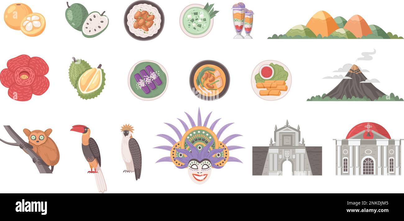 Philippines travel cartoon icons set with touristic attractions and ...