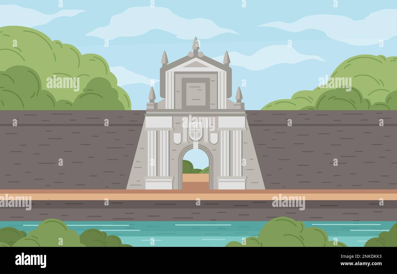 Philippines travel cartoon poster with fort Santiago on natural ...