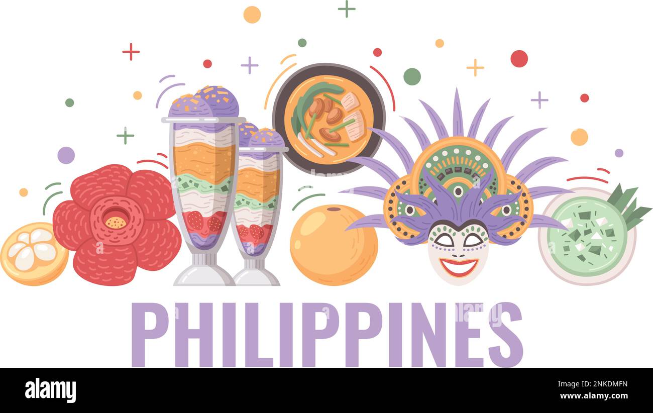 Philippines travel cartoon with traditional dishes and coctails vector ...