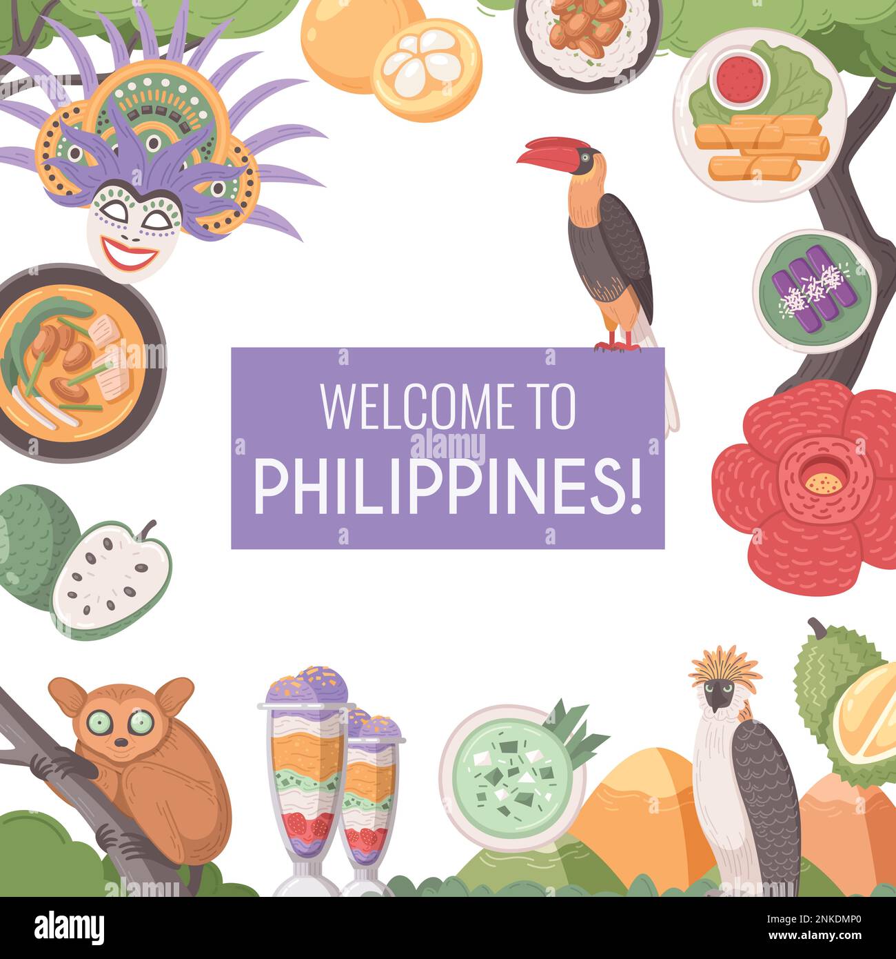 Philippines travel cartoon concept with touristic attraction and local ...