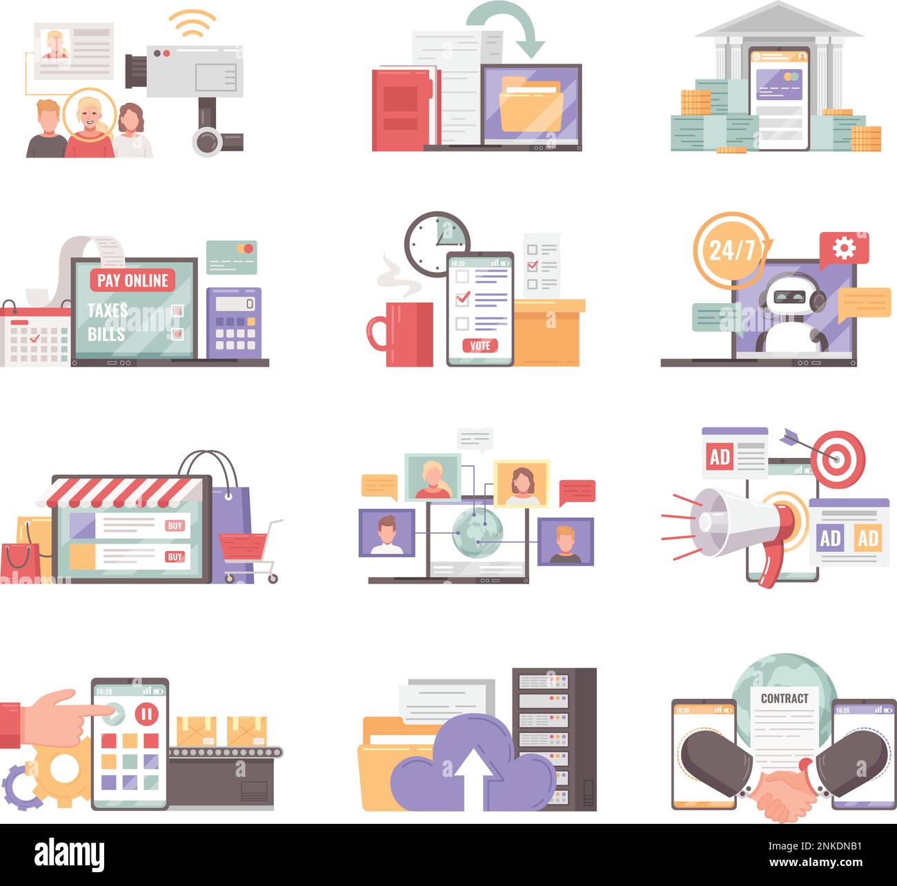 Digital transformation flat icons set with digitalization symbols ...