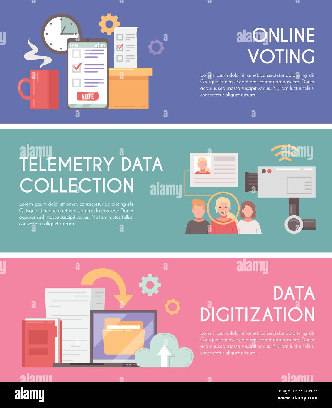 Digital transformation flat horizontal banner set with digitalization symbols isolated vector ...