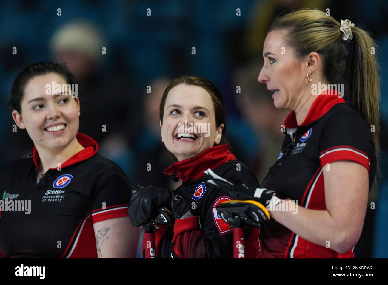 Ontario skip Tracy Fleury, center, alternate Kira Brunton, left, and ...