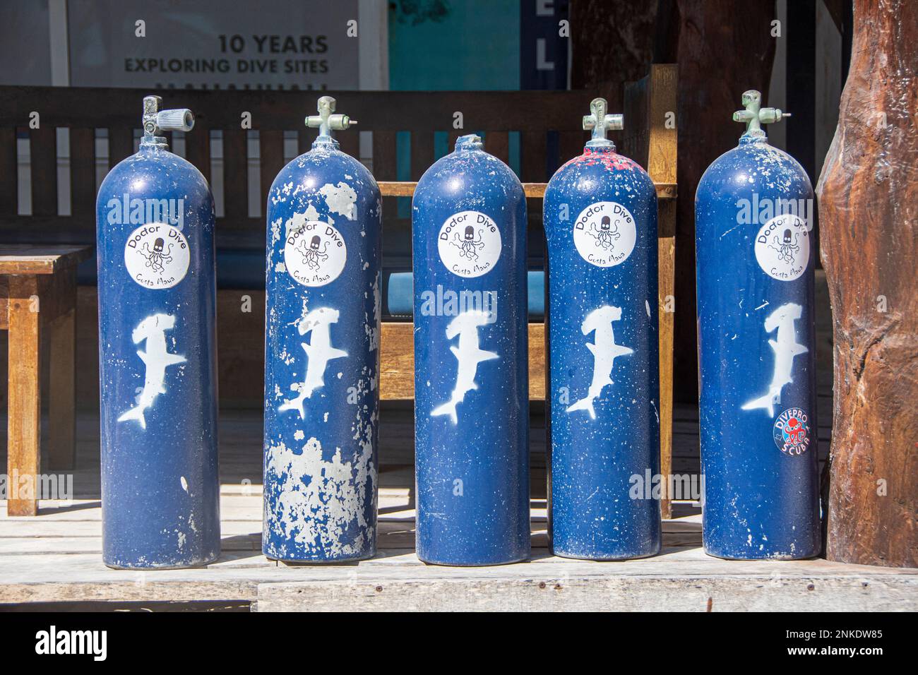 Five scuba tanks in front of a dive shop, Costa Maya Port, Mexico Stock ...
