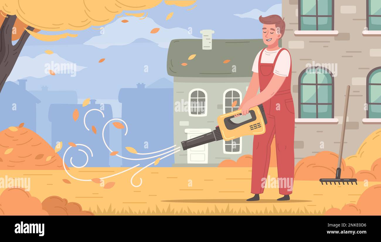Leaves mover cartoon poster with man using electric blower vector ...