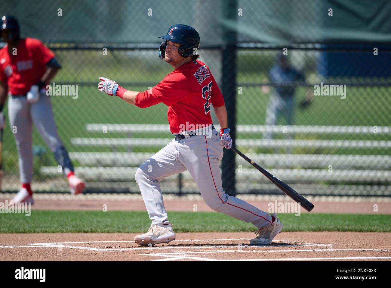 Boston Red Sox catcher Nathan Hickey (25) bats during a MiLB Spring ...