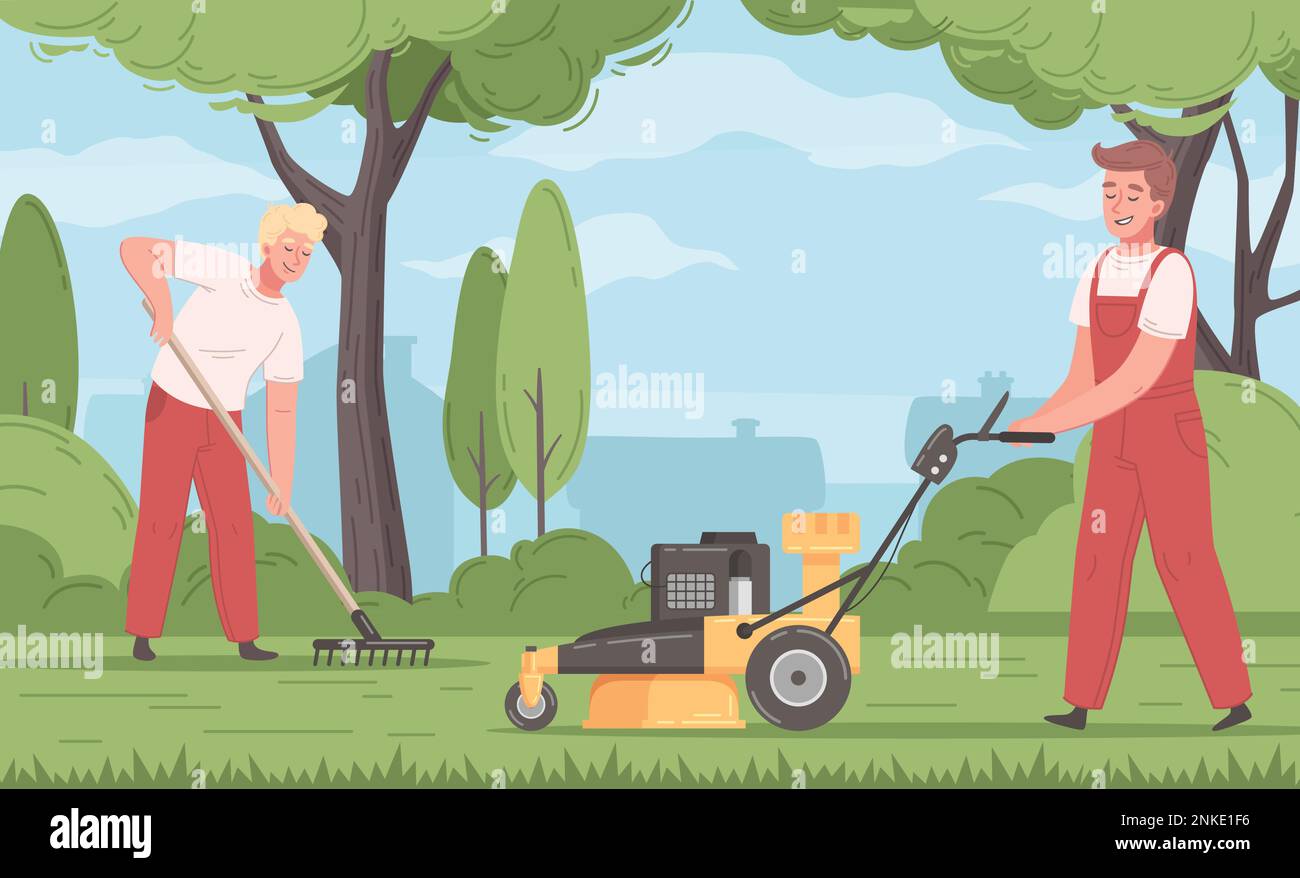 Lawn mowing cartoon with male workers cutting grass vector illustration ...