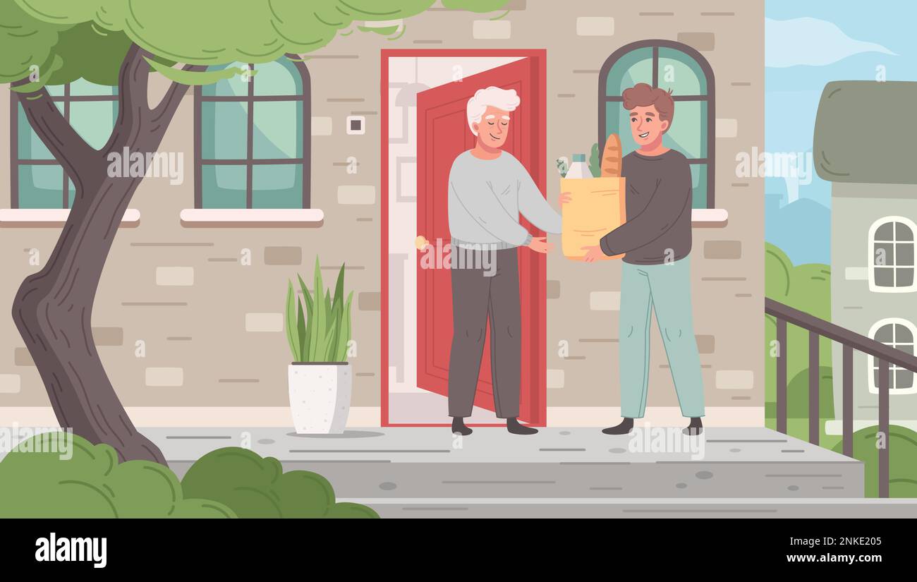 Elderly care cartoon concept with male delivering groceries to front ...
