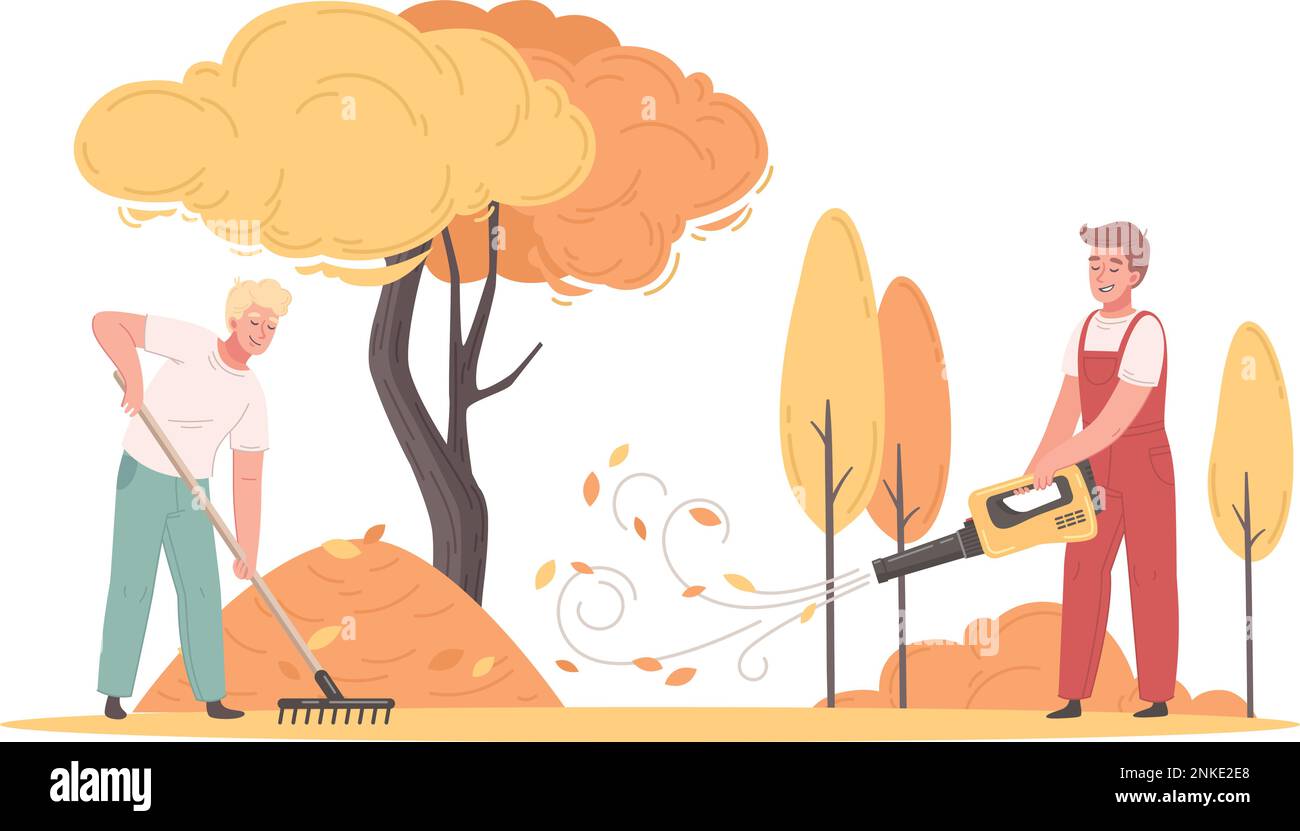 Lawn mower cartoon poster with male workers removing autumn leaves ...