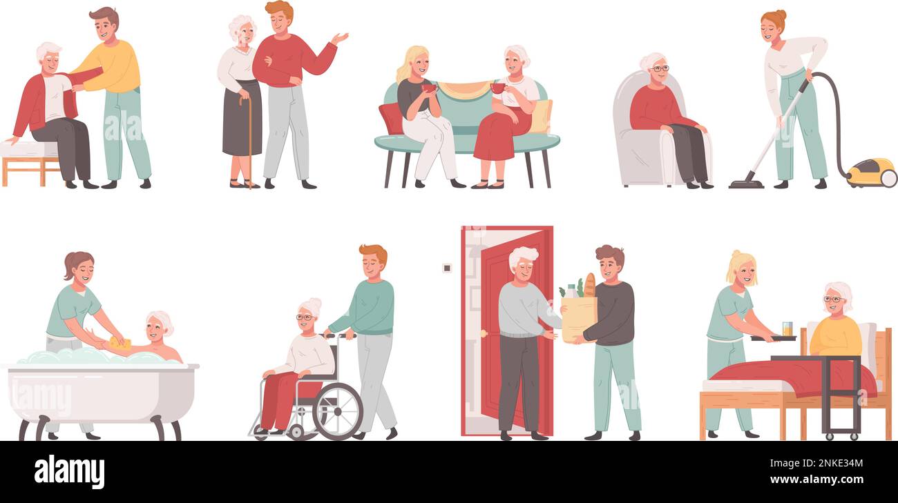 Elderly care cartoon icons set with caregivers helping old people isolated vector illustration ...