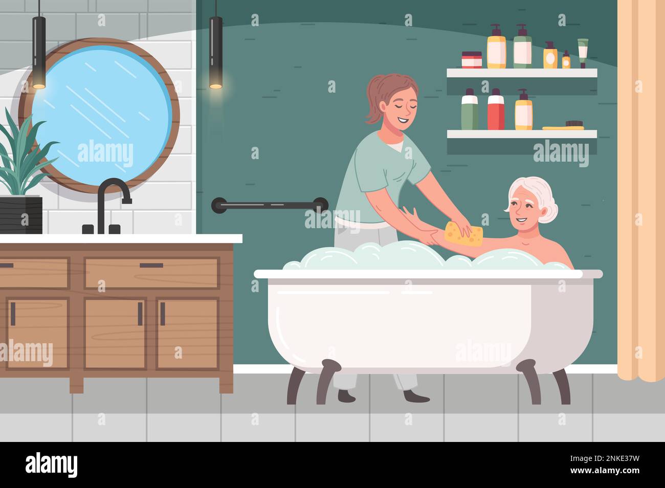 Elderly care cartoon poster with nurse helping old woman in bath vector ...