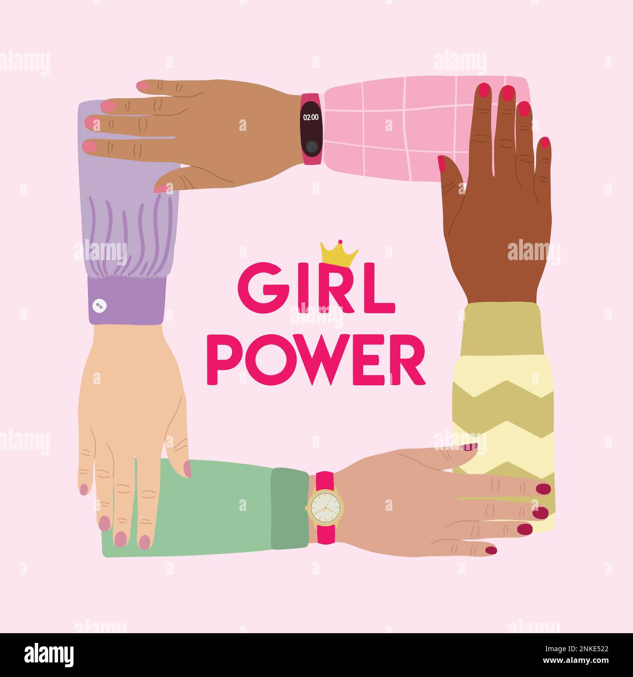 Girl power poster. Female hands stacking together. Woman empowerment ...