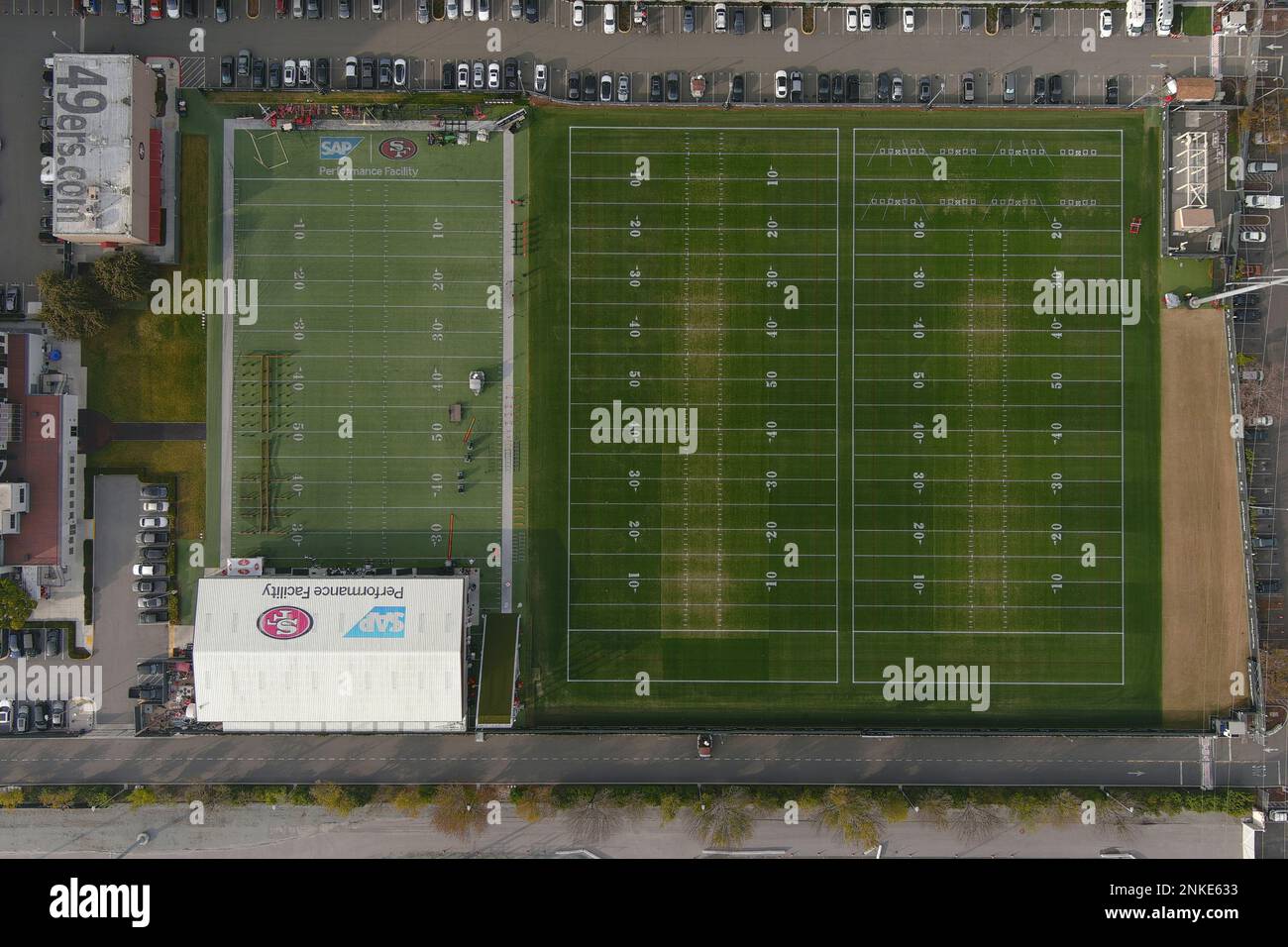General overall aerial view football fields at sap performance facility ...