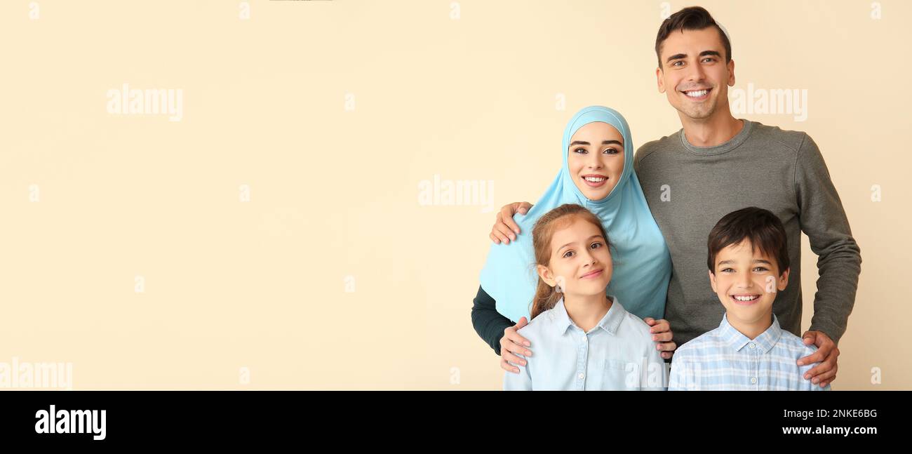Portrait of Muslim family on light background with space for text Stock ...
