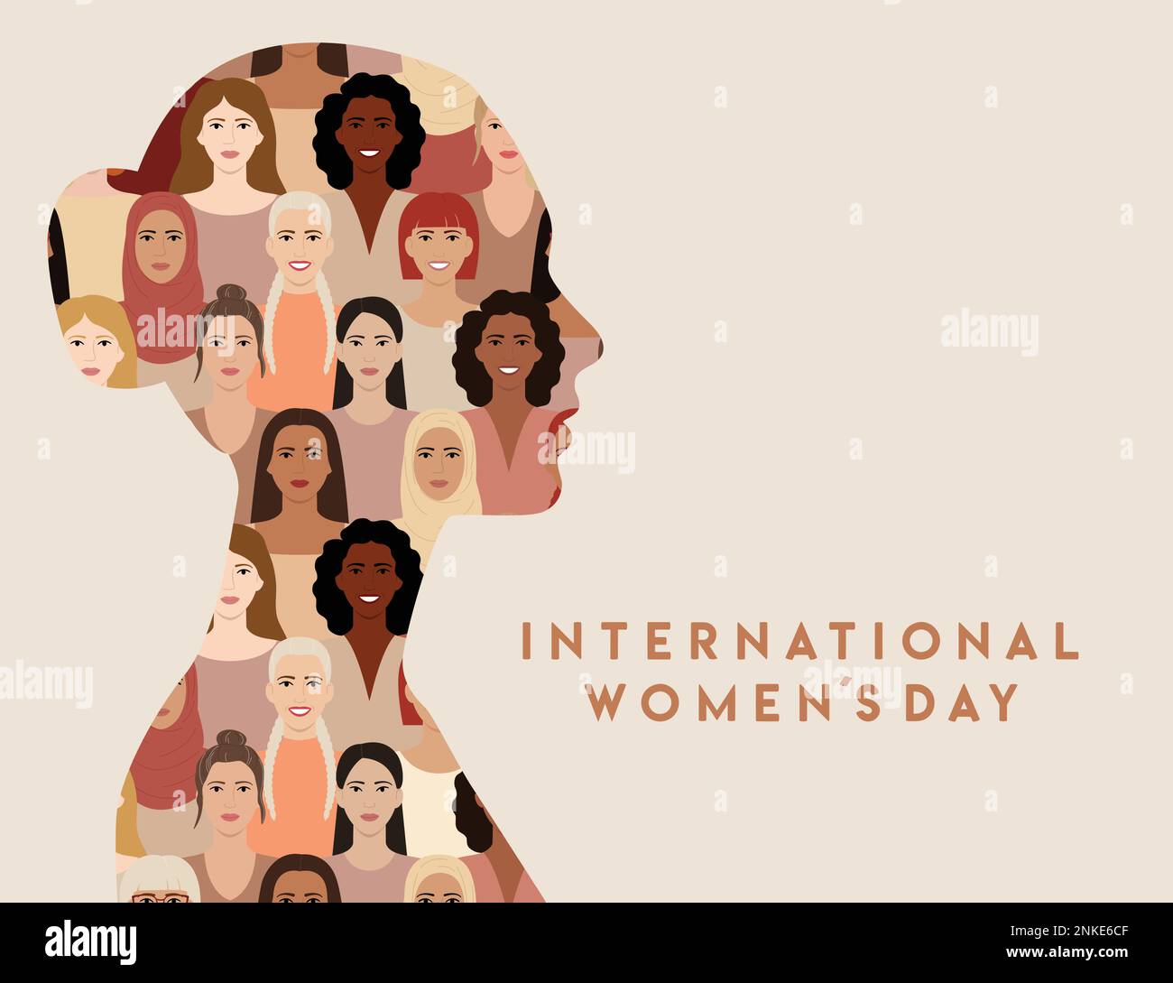 Woman face silhouette in profile with portraits of multicultural and ...