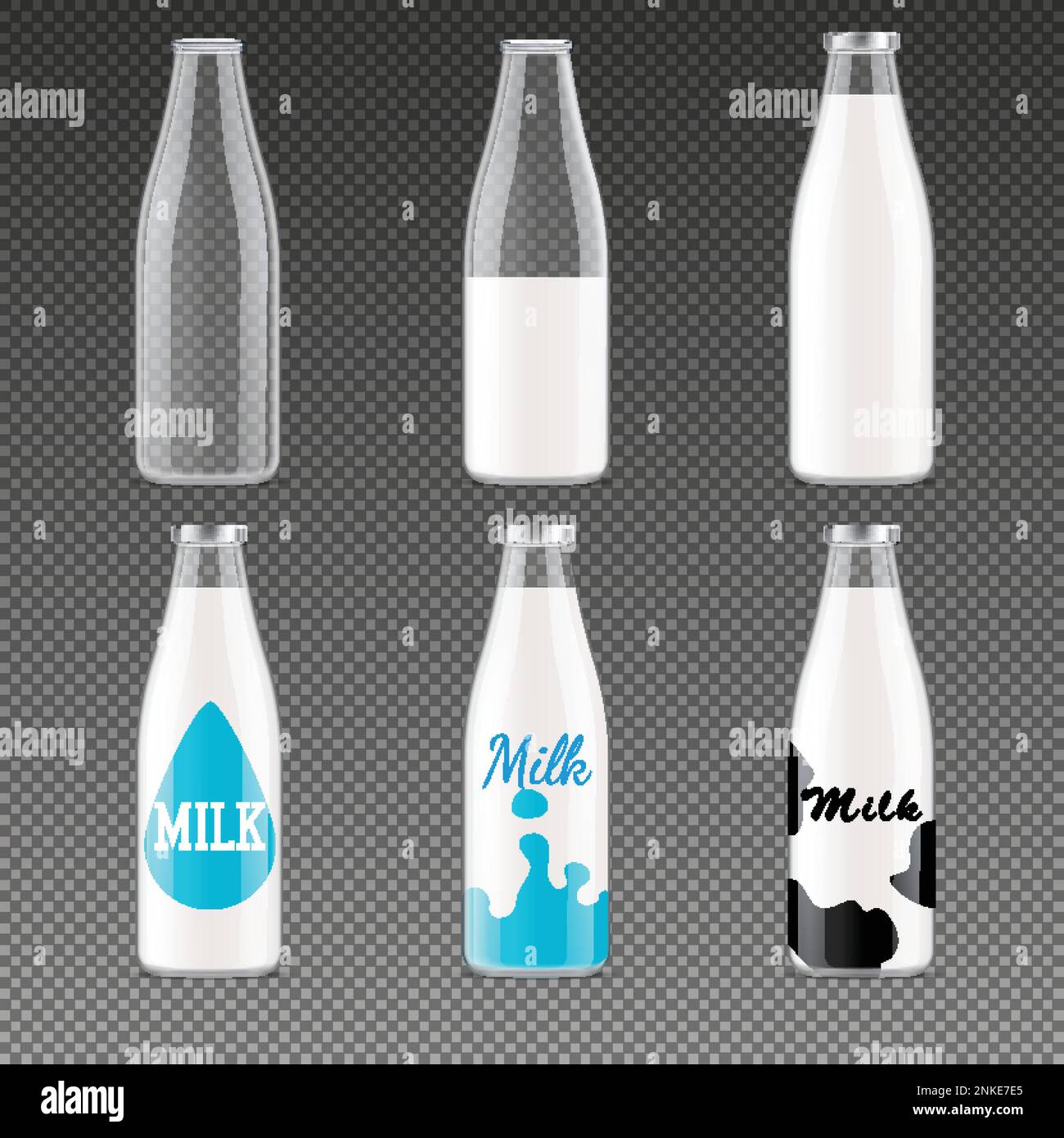 Milk bottles packages realistic transparent set with drink symbols ...