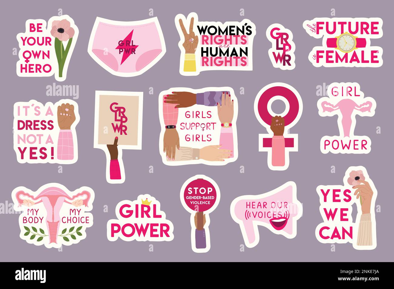 Set of female movement feminist stickers, short quotes. Girl power ...