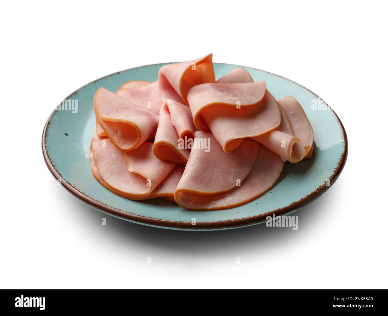 Plate with delicious ham slices isolated on white background Stock ...