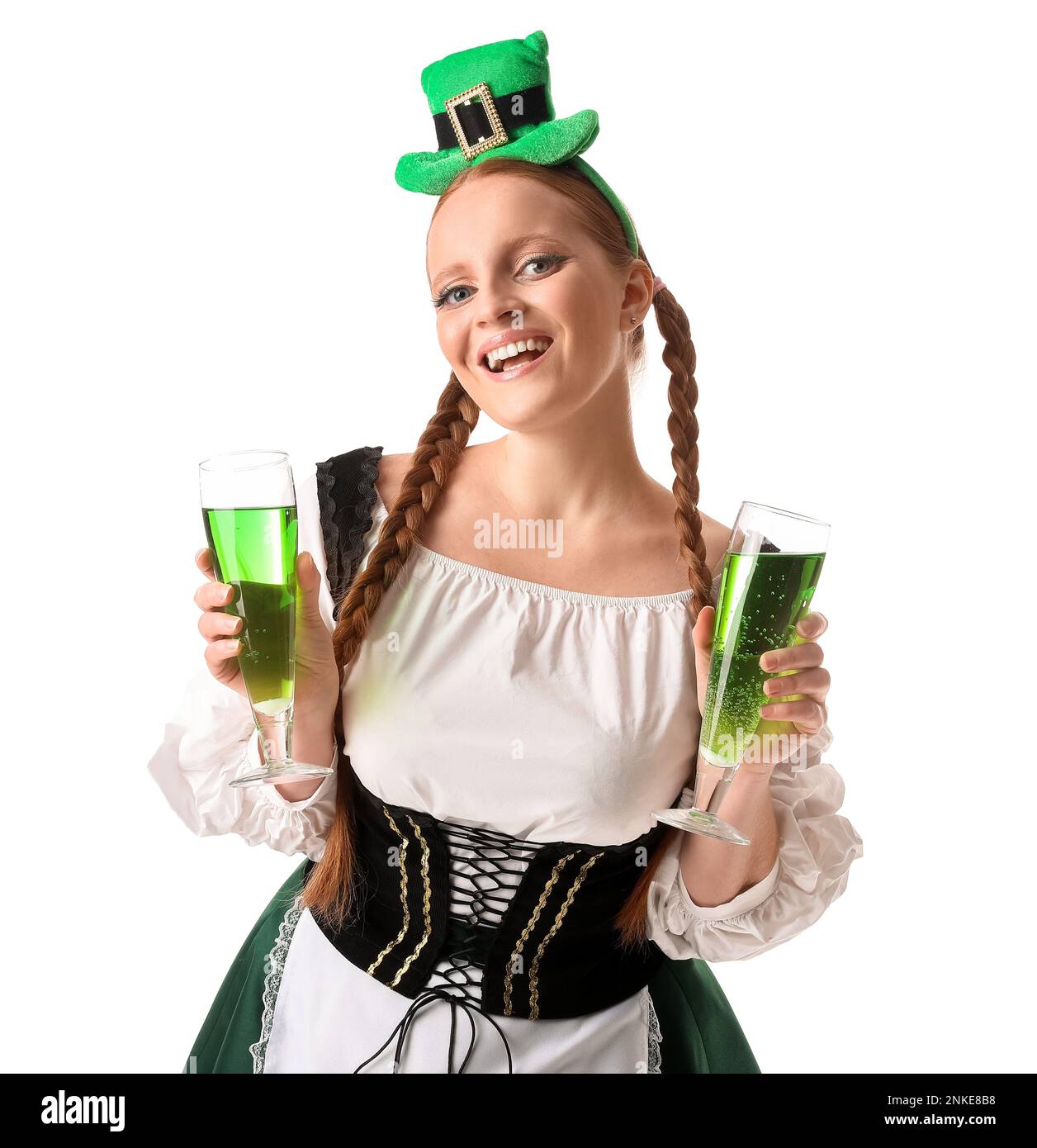 Irish waitress with glasses of beer on white background. St. Patrick's ...