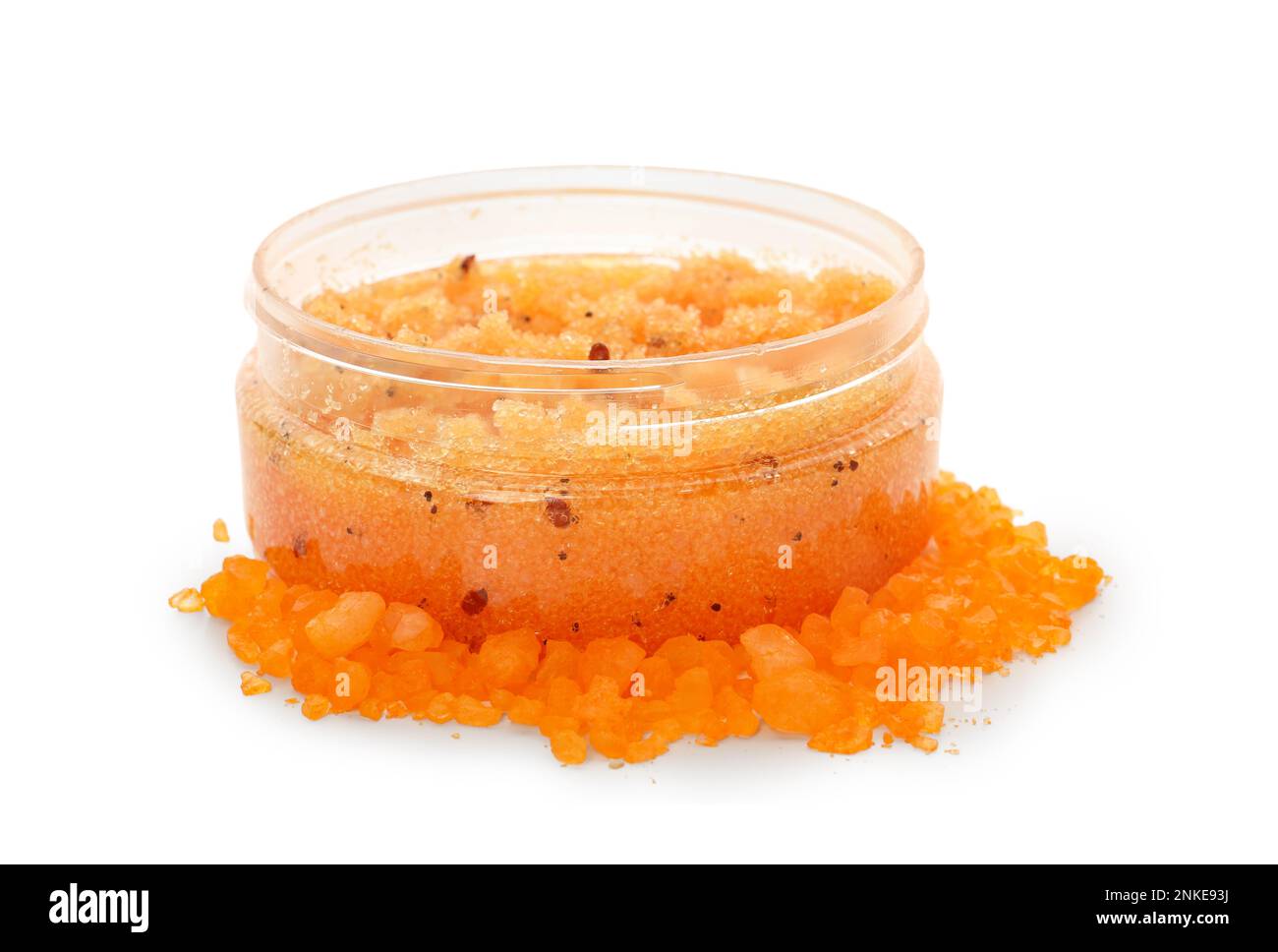 Jar of natural body scrub and sea salt on white background Stock Photo ...