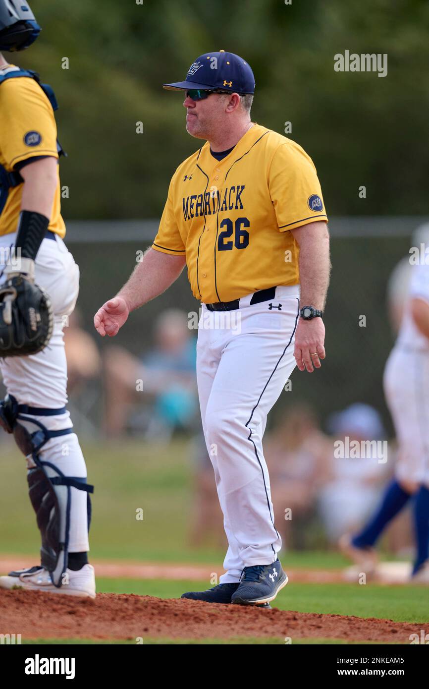 Merrimack Warriors head coach Brian Murphy (26) makes a pitching change ...