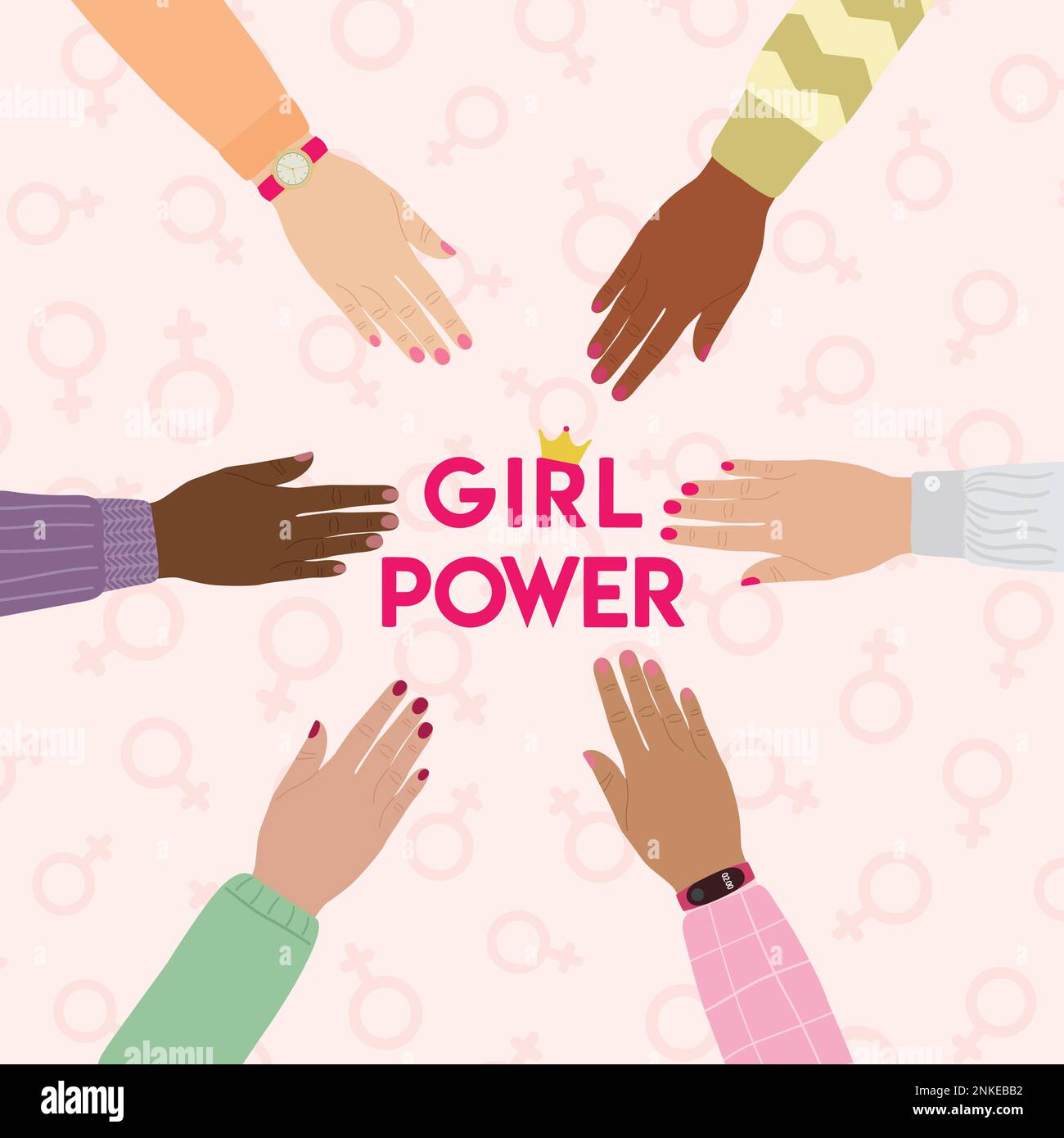Girl power poster. Female hands stacking together. Woman empowerment ...
