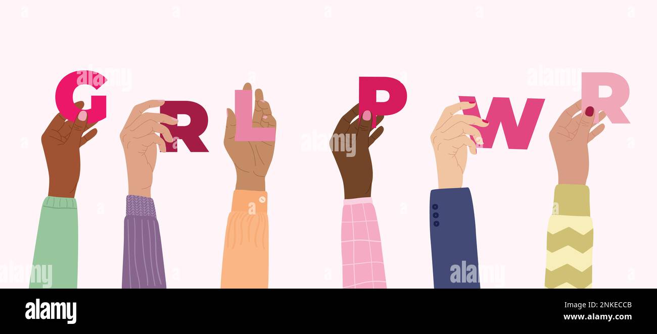 Girl power horizontal poster. Female hands hold world grl pwr. Woman ...