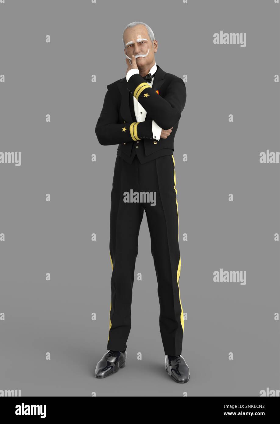 3D-illustration of an older elegant cartoon butler in military uniform ...