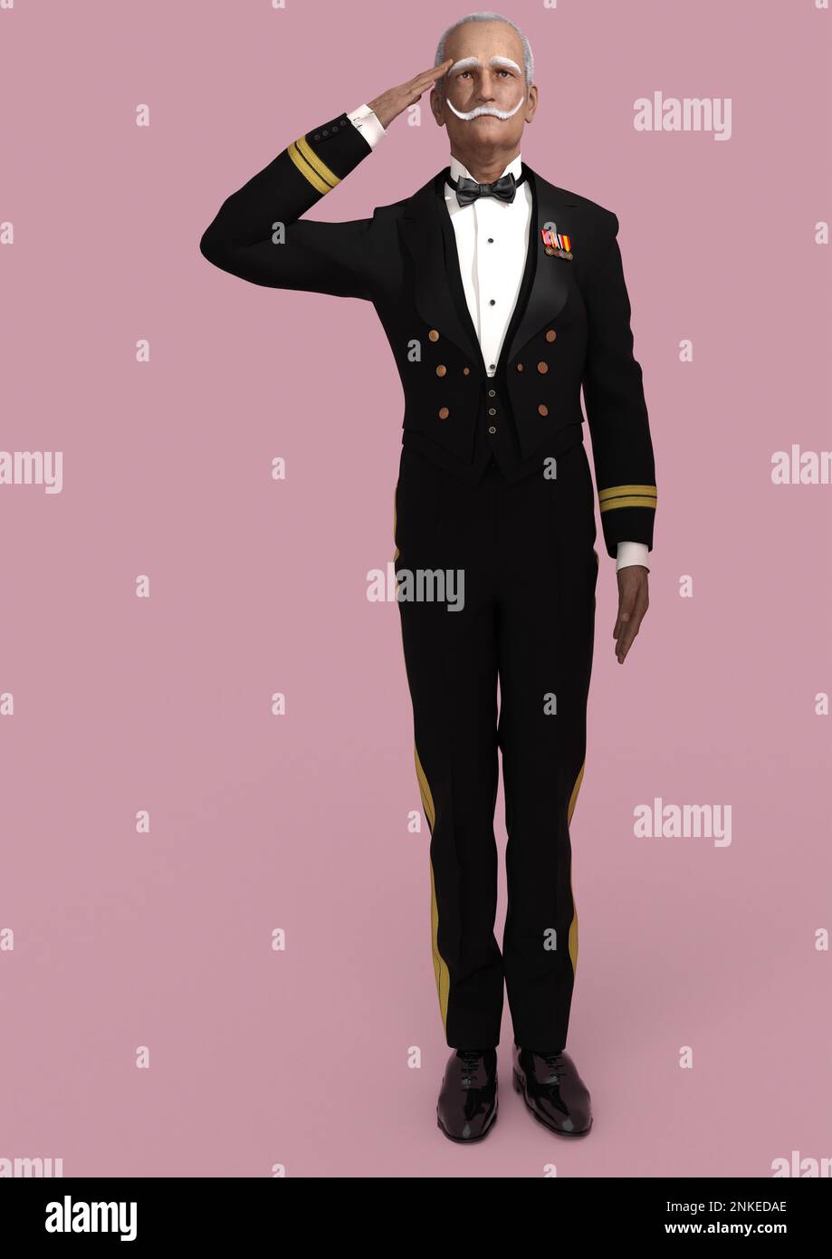3D-illustration of an older elegant cartoon butler in military uniform ...