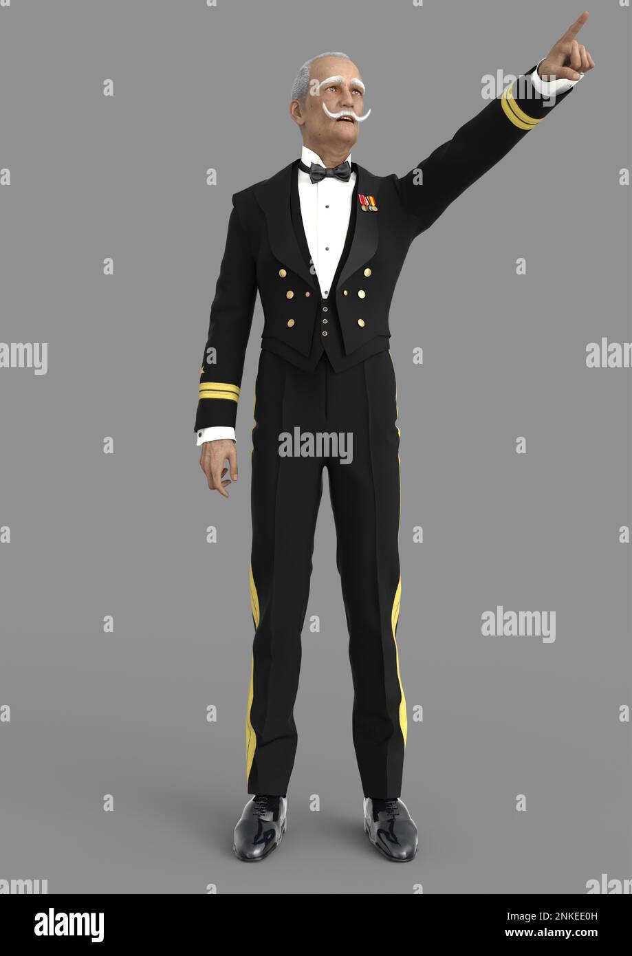 3D-illustration of an older elegant cartoon butler in military uniform ...