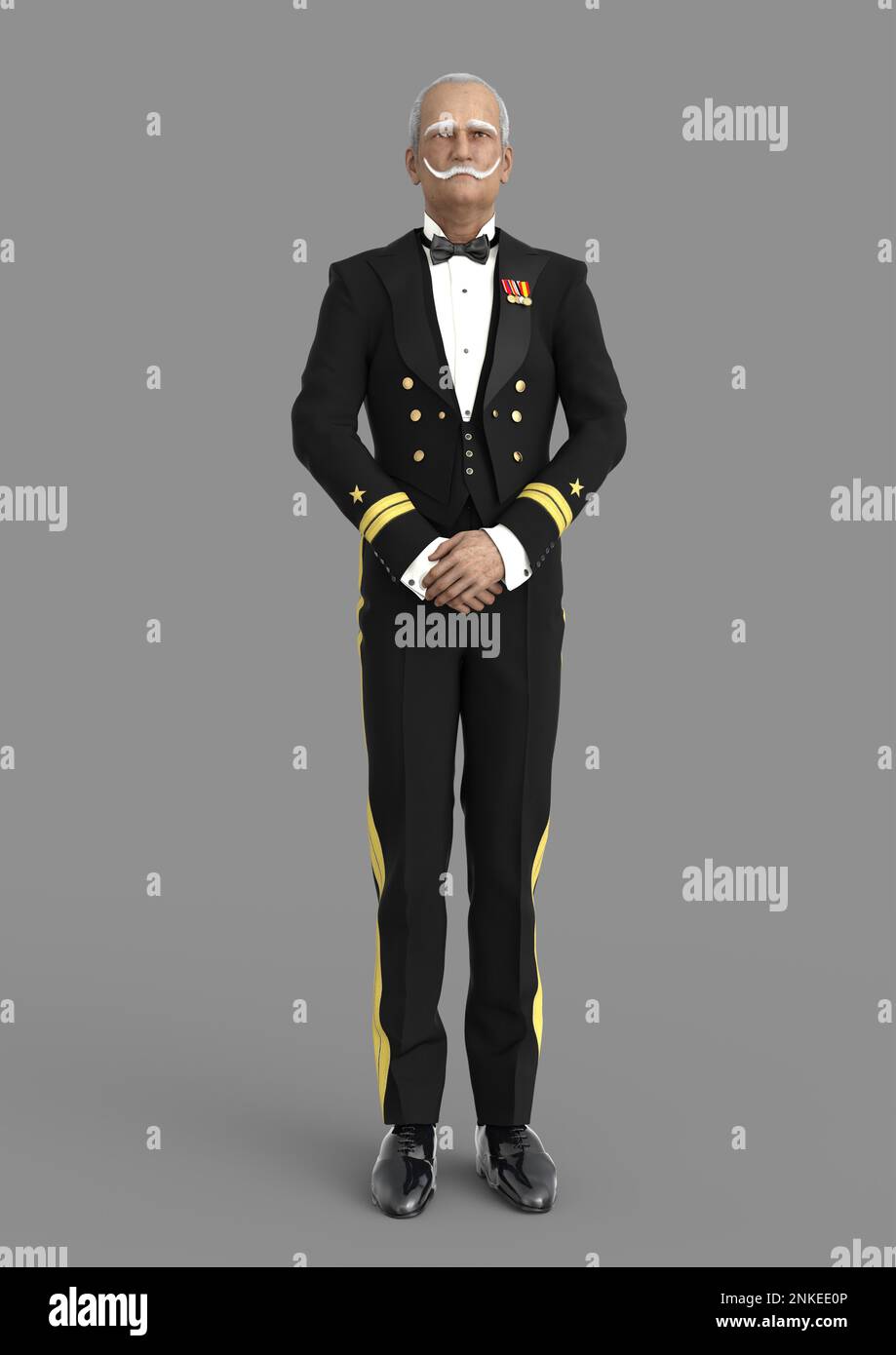 3D-illustration of an older elegant cartoon butler in military uniform ...
